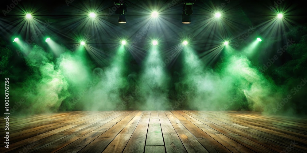 Dramatic Stage Setting with Ethereal Green Smoke, Symmetrical Wooden ...