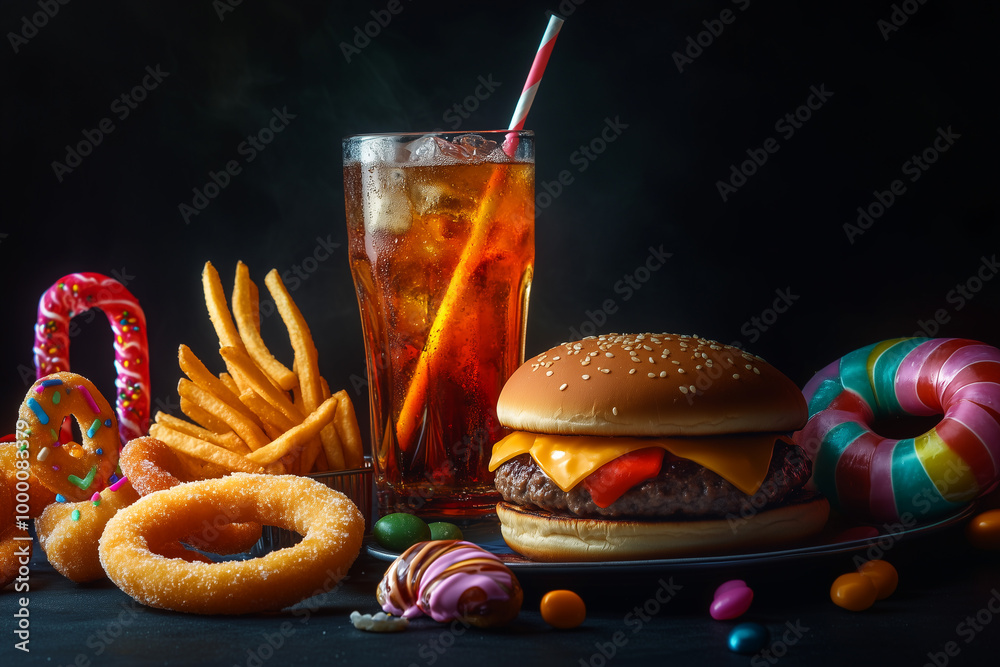 A classic American burger set featuring a double cheeseburger with ...