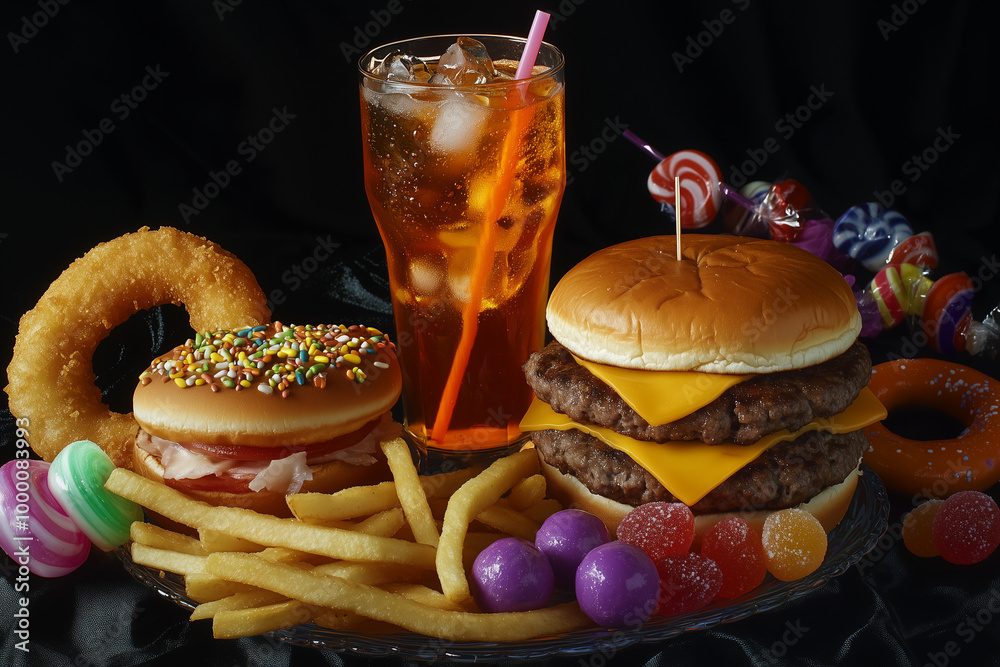 A classic American burger set featuring a double cheeseburger with ...