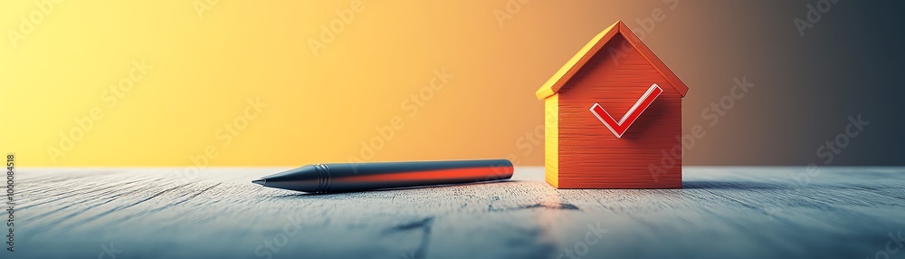 Checklist with a red checkmark, pen and house model, real estate ...