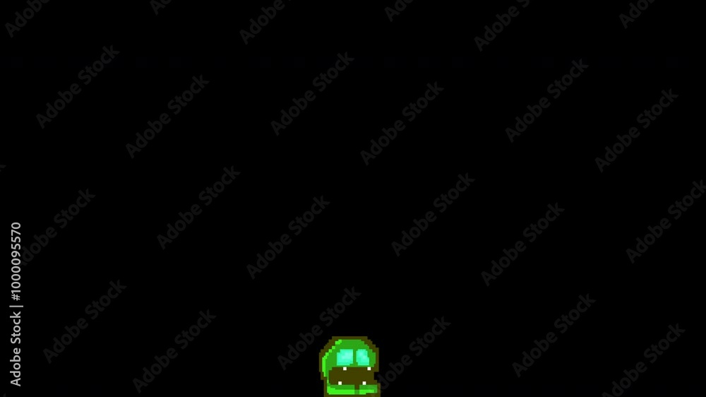 Animated pixel art green alien head monster walks around the bottom of ...