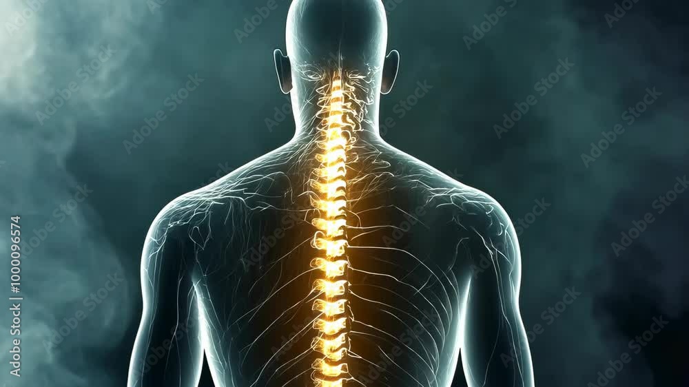 A detailed back view of the human spine and skeletal system ...