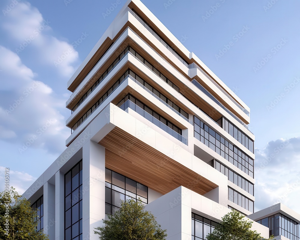 Mixed-use development with white facade, wooden retail podium, and gold ...