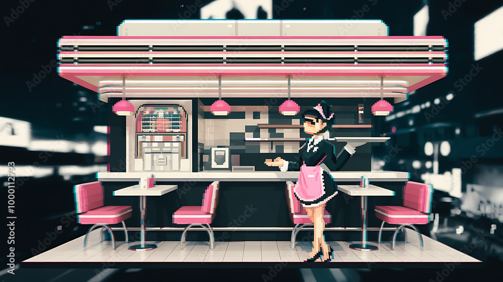 Retro Diner Waitress Serving Food in a Pixel Art Style - A nostalgic ...