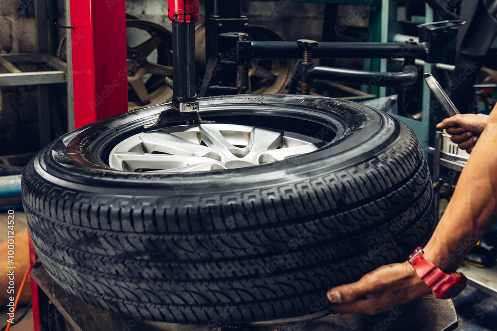 Mechanic removing a tire from the rim after using a tire bead breaker ...