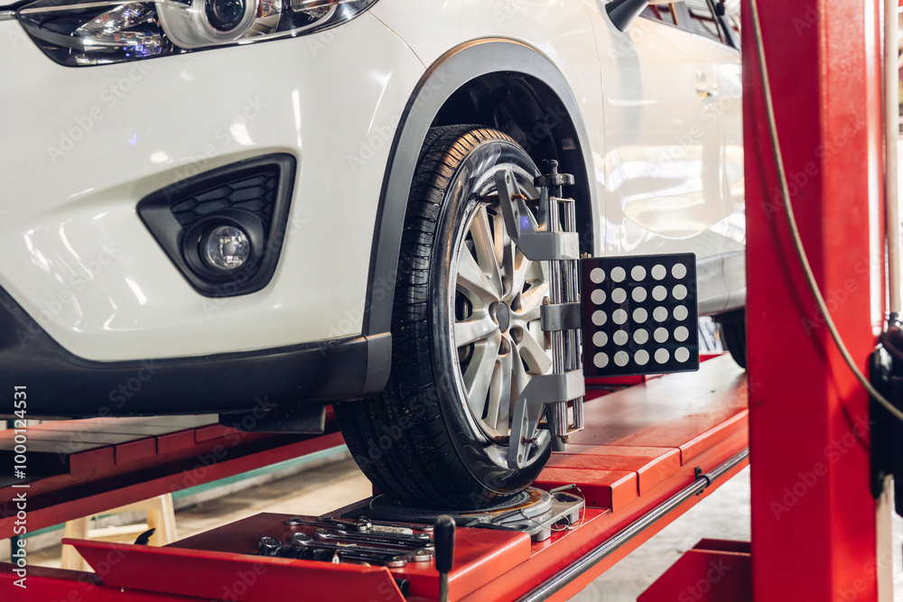 Car wheel centering machine adjustment. Auto service mechanic ...