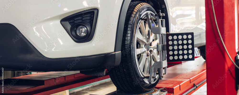 Car wheel centering machine adjustment. Auto service mechanic ...