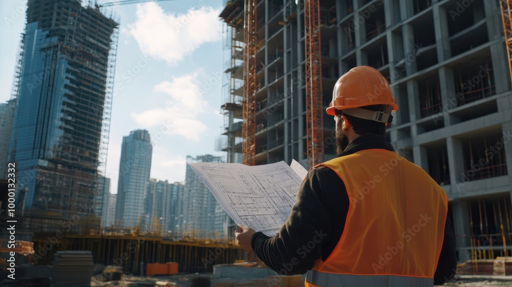 Construction worker and engineer wearing safety gear looking for ...