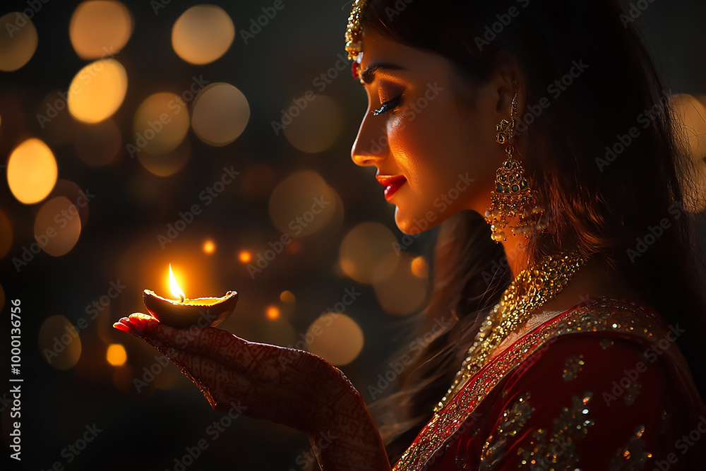 An Indian woman in red saree holding diya to celebrate diwali Stock ...