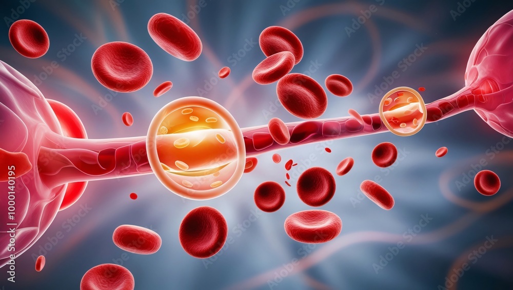 Detailed illustration showing red blood cells and platelets moving ...