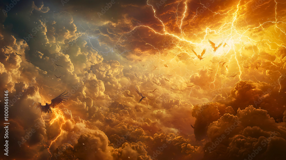 The final war in heaven: Satan and his angels cast out of heaven by Michael, dramatic and ...