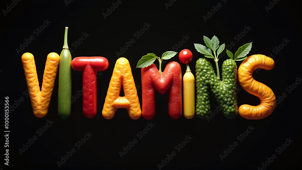 Illustrative representation of the word vitamins formed from different ...