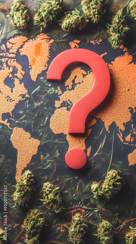 Doubt, Question Mark on Top of World Map with Cannabis Around, Standard ...