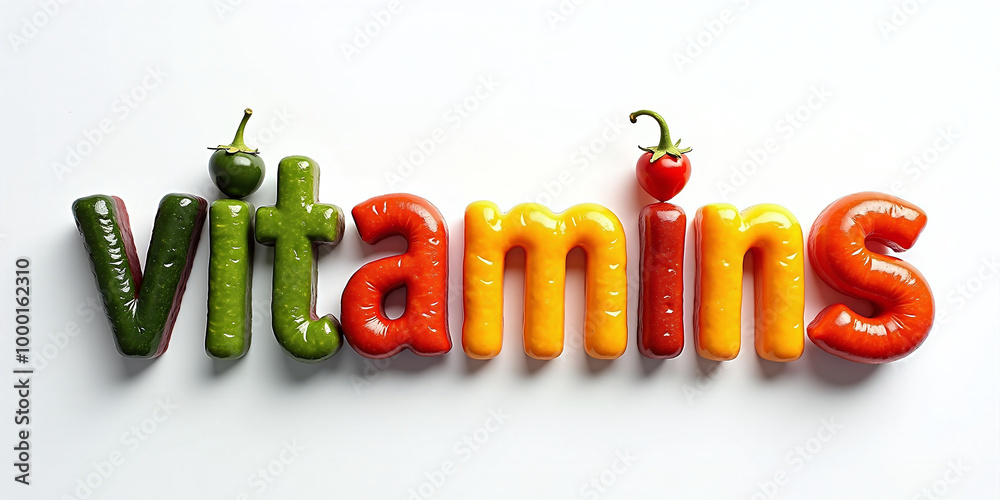 Illustrative representation of the word vitamins formed from different ...