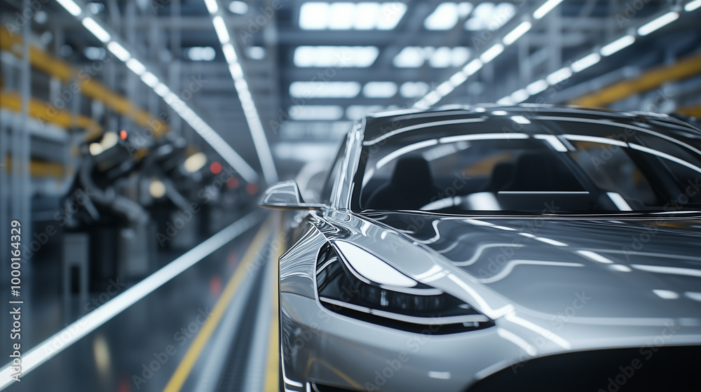 A close-up of a modern car moving down an assembly line, robotic arms ...