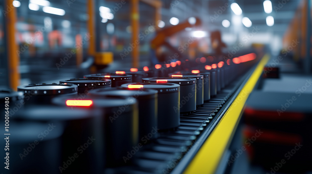 Rows of cylindrical EV battery cells moving along a conveyor belt, with ...
