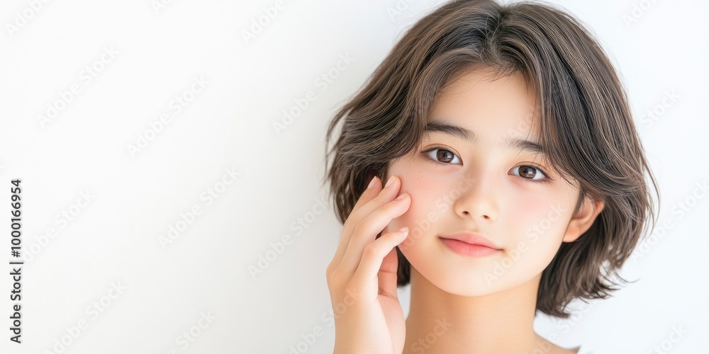 handsome Japanese boy model with shoulder length hair and touching face ...