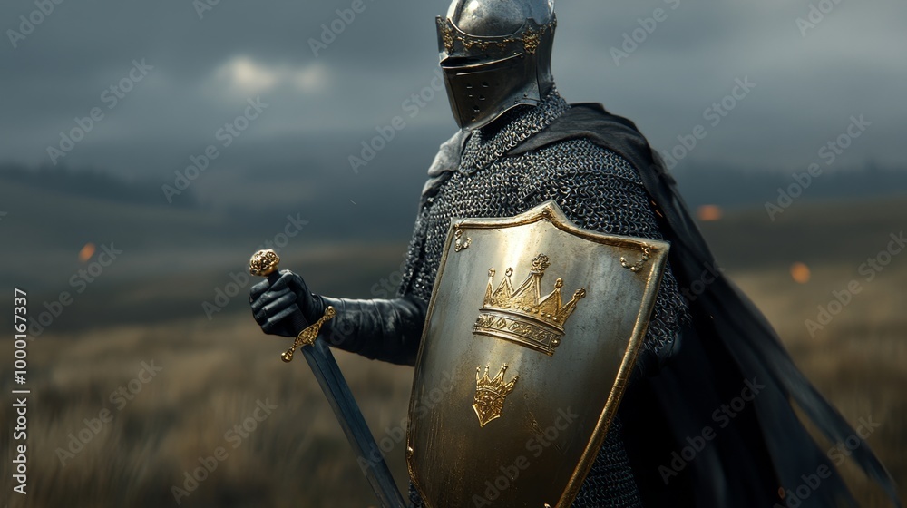 A lone knight in shining armor stands ready to defend the kingdom, his ...