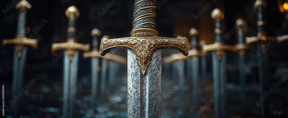 shining metallic iron swords with intricate golden hilts displayed ...