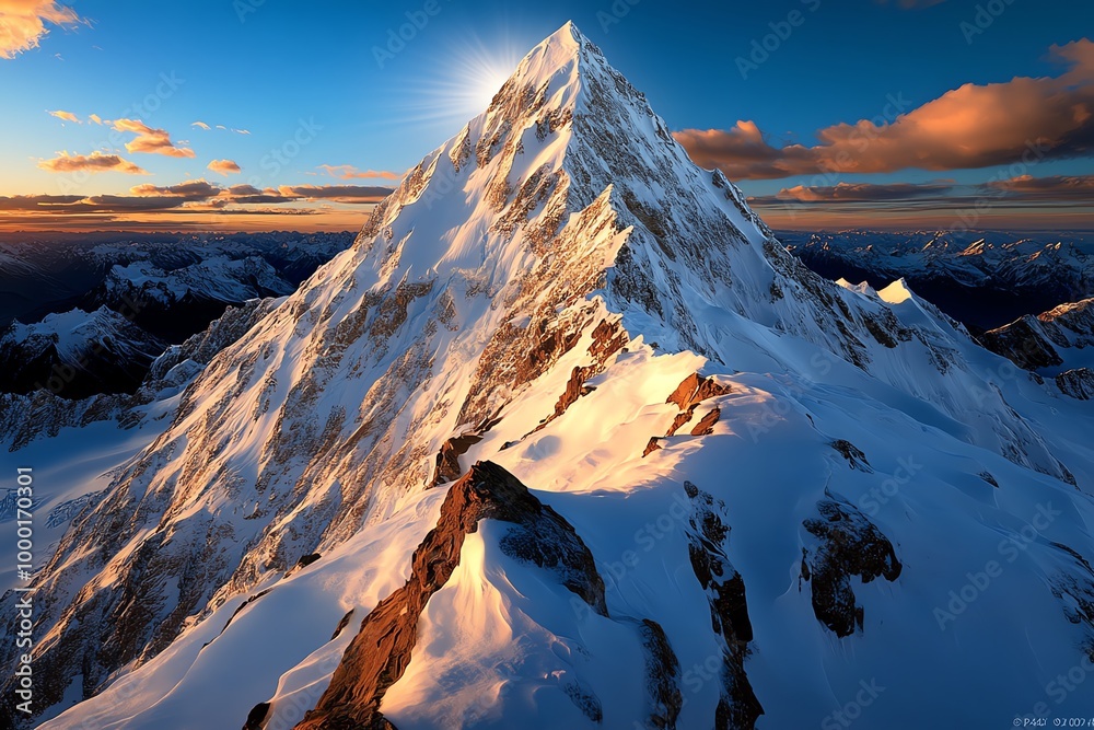 Hyper-realistic mountain peak at sunrise, with every rock, snow-capped ...