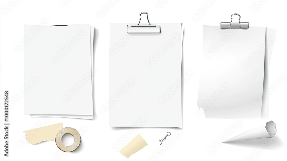 Blank white paper with push pin paper clip and adhesive tape. Set note ...