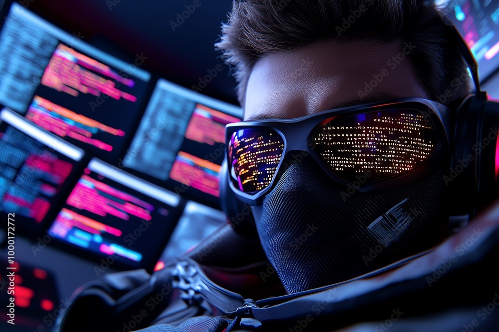 Hyper-realistic shot of a hacker wearing a mask, sitting in front of a ...