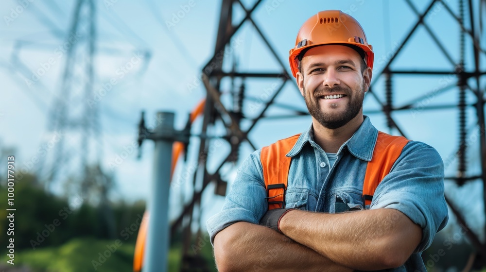 A skilled electrical worker stands proudly at a power station, wearing ...
