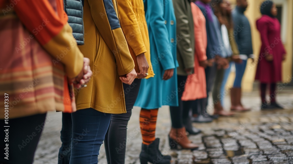 Diverse group of people standing together, hands linked, symbolizing ...