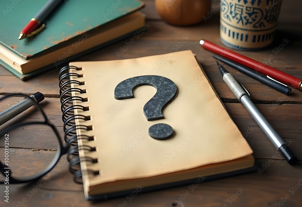 Vintage question mark on a rustic wooden desk with office supplies like ...