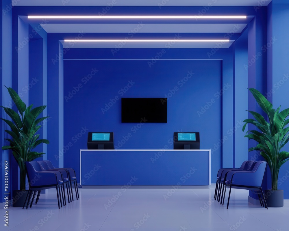 High-tech bank interior with automated teller machines, holographic ...