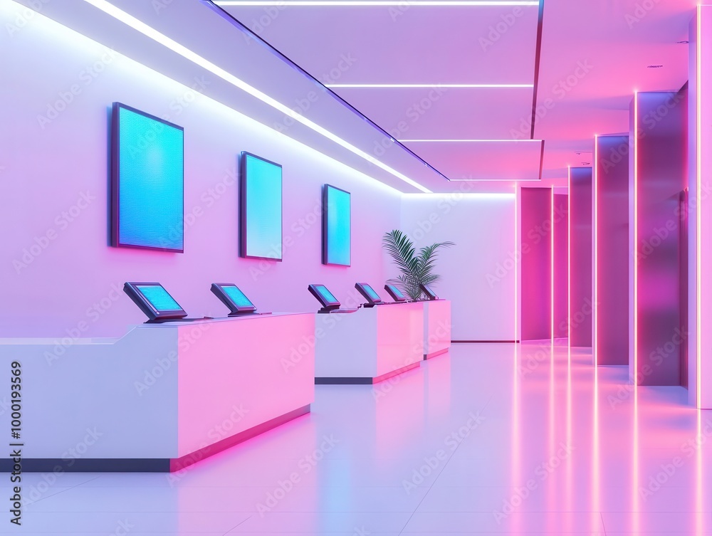 Sleek bank interior with interactive AI tellers, digital signage, and ...