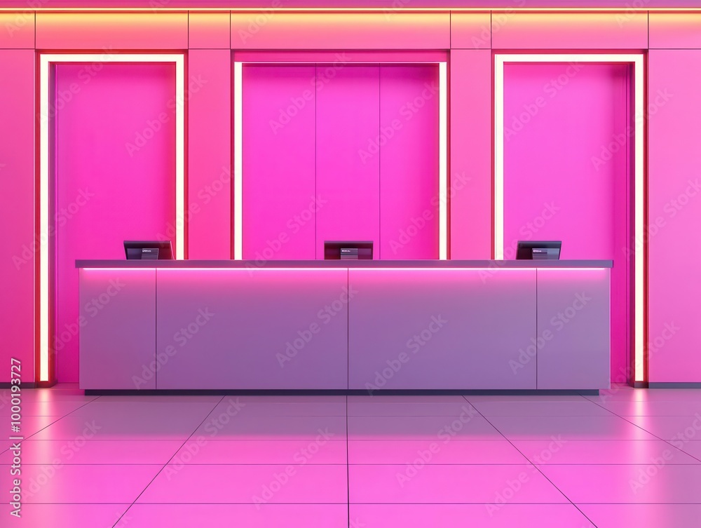 Modern bank lobby with floating holographic displays, sleek counters ...