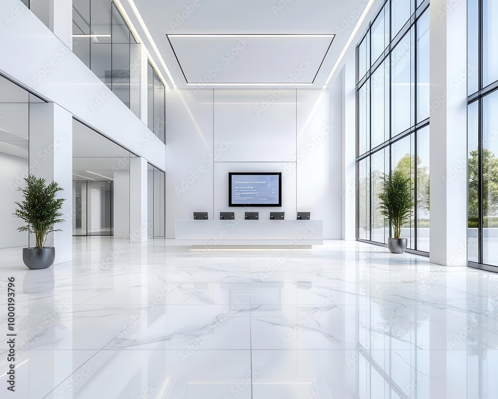 Modern bank lobby with sleek white marble floors, minimalist furniture ...