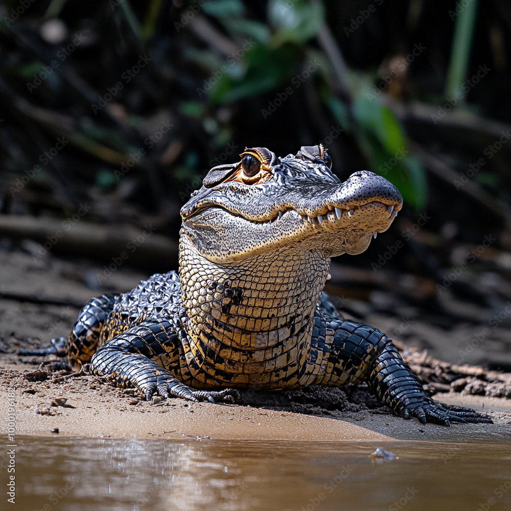 A spectacled caiman sunbathing on riverbank, showcasing its unique ...