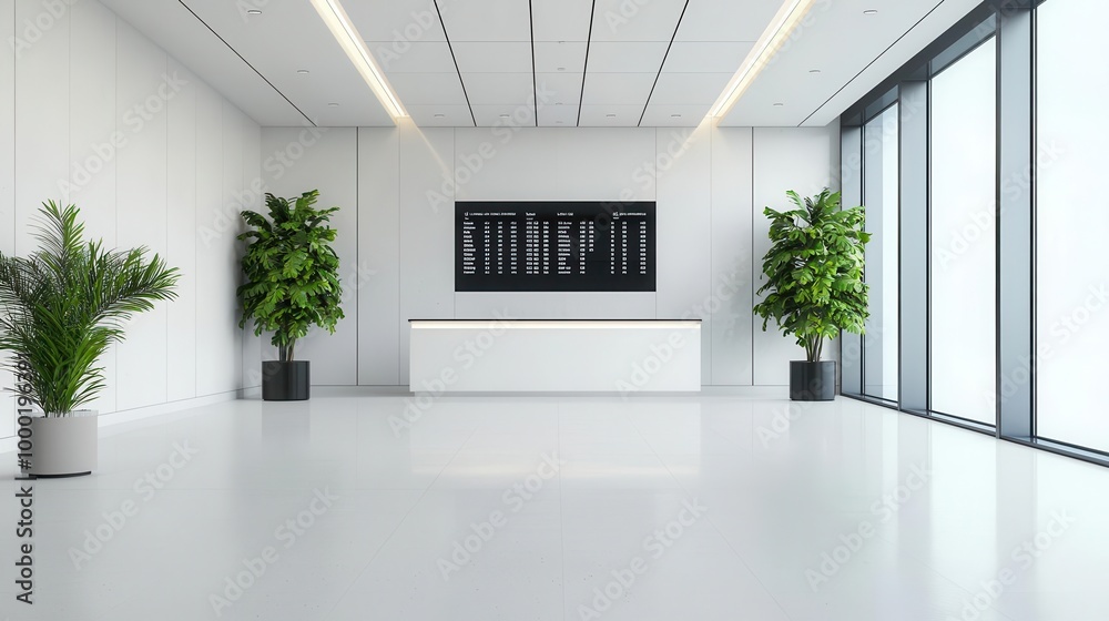 High-tech bank lobby with touch screen counters, a digital stock ticker ...