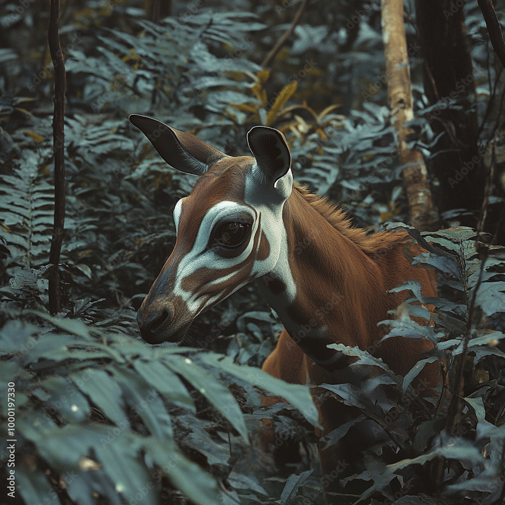 An okapi feeding in dense underbrush of rainforest, surrounded by lush ...