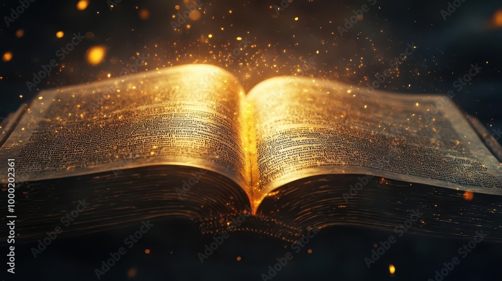 radiant ancient bible floating in darkness emanating golden light ...