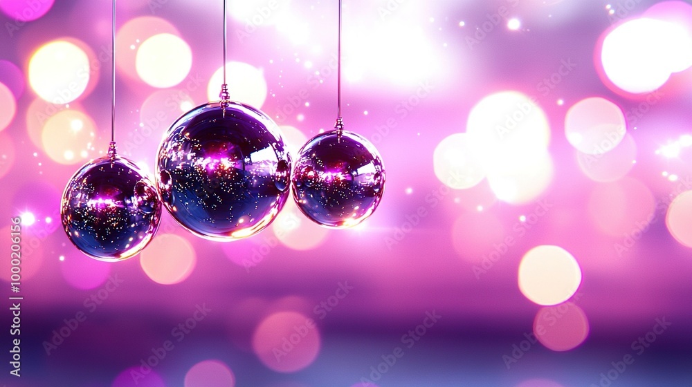 Three glistening balls dangle on a string against a vibrant purple and ...