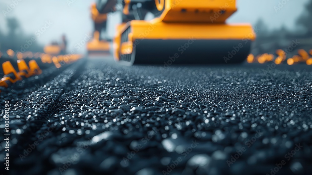 High-tech road construction with modular asphalt slabs being laid by ...