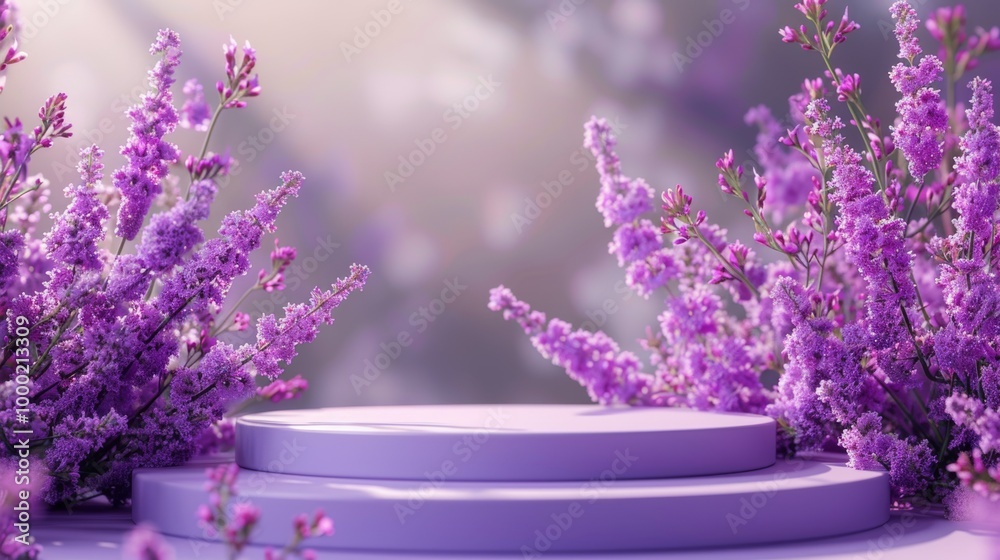 Lavender flowers with circular podium in the foreground, creating ...