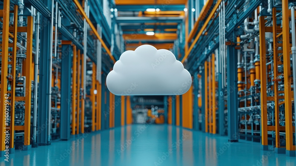 Tech cloud powering a factory through digital streams, industrial ...