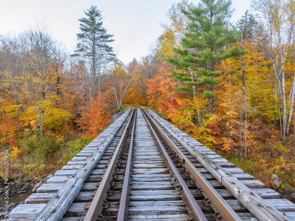 Wooden rustic bridge with rusty railroad tracks over the Hudson River ...