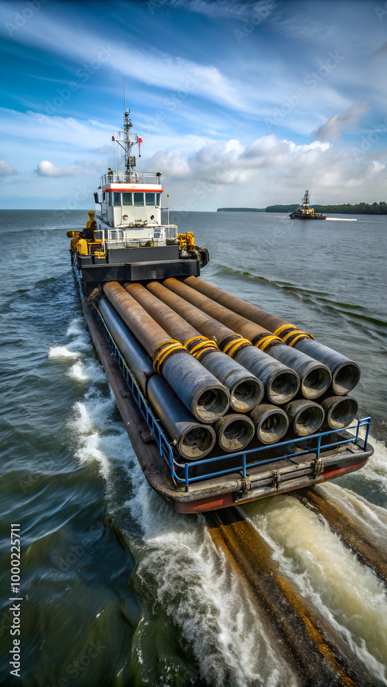 Tug Boat drag Barge ship carry Metal steel pipe construction unit , No ...