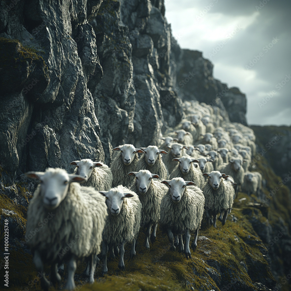 A flock of sheep marching in single file towards rocky landscape ...
