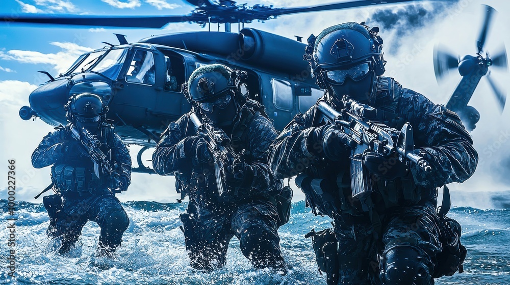 A group of Navy SEALs in full tactical gear, ready to deploy from a ...