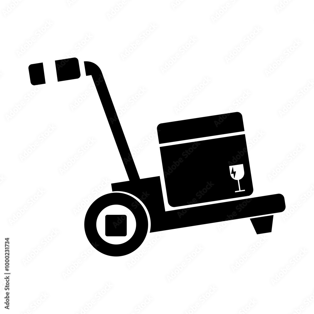 Pallet truck with a fragile container, simple and bold, represents ...