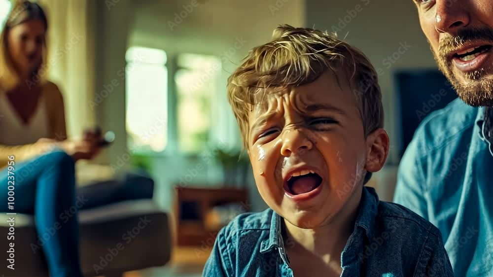 A young boy with curly hair is crying in a bright living room, his face ...