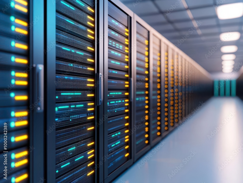 High-tech data center processing large datasets, predictive analytics systems analyzing trends ...