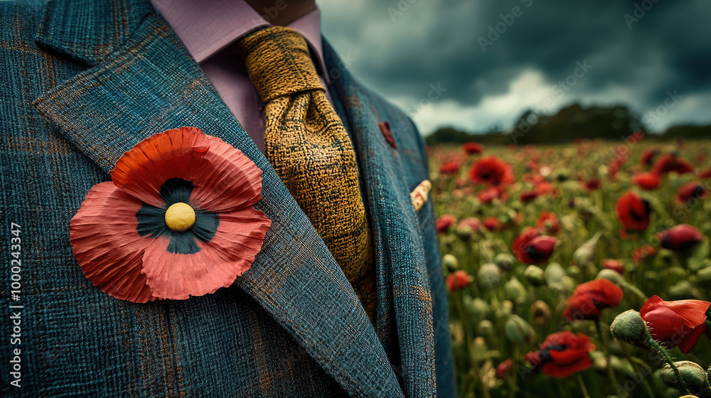 red poppy badge on jacket lapel, brooch, Remembrance Day, Poppy Day ...