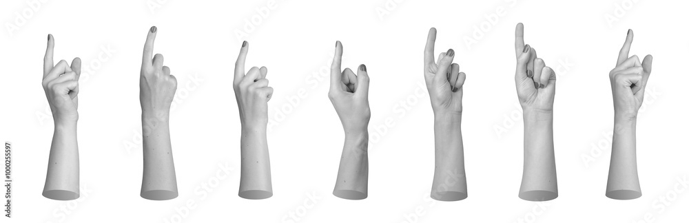 isolated hands, all making a pointing gesture with the index finger ...